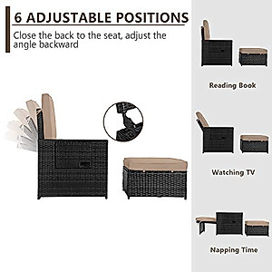 VUYUYU 5PCS Patio Wicker Furniture Set - Outdoor PE Rattan Loveseat Sofa with Adjustable Backrest, Coffee Table, Ottoman - Patio Lounge Chair for Garden, Beach, Poolside, Balcony, Backyard, Deck
