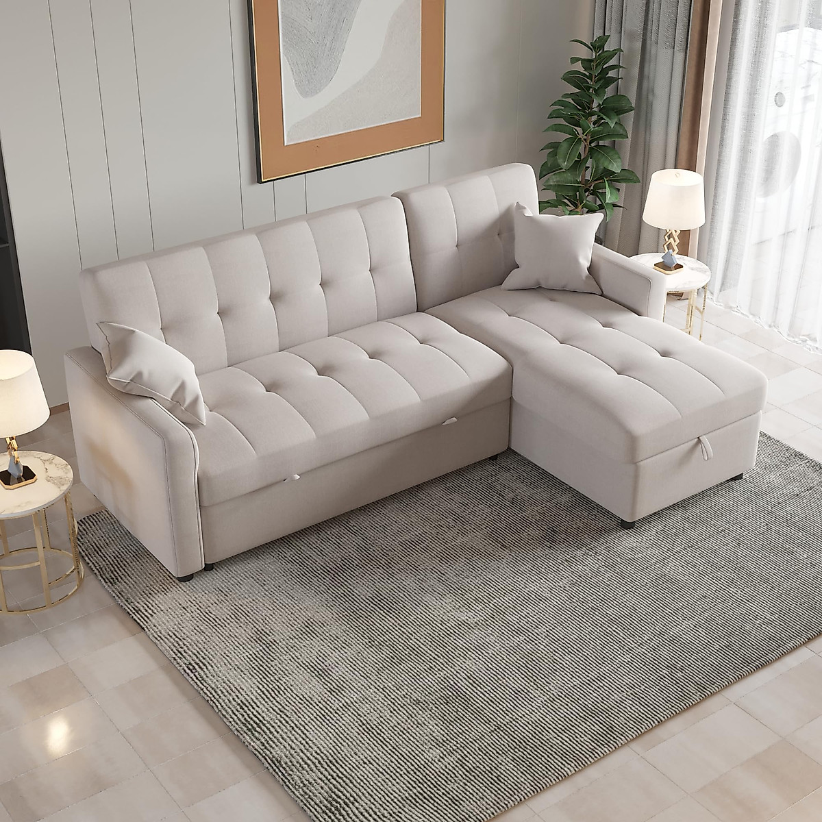 JACH Reversible Sectional Sleeper Sofa, 82'' Wide Pull-Out Sofa Bed with Storage, L-Shape Chaise, 3 in 1 Design Convertible Loveseat for Living Room Small Apartment (Light Gray) (7047)