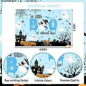 Balterever A Little Boo is Almost Due Baby Shower Decor Blue Orange Halloween Baby Shower Decors for Boys with Halloween Baby Shower Backdrop Cake Topper Spider Wall Sticker for Little Boo Party Decor