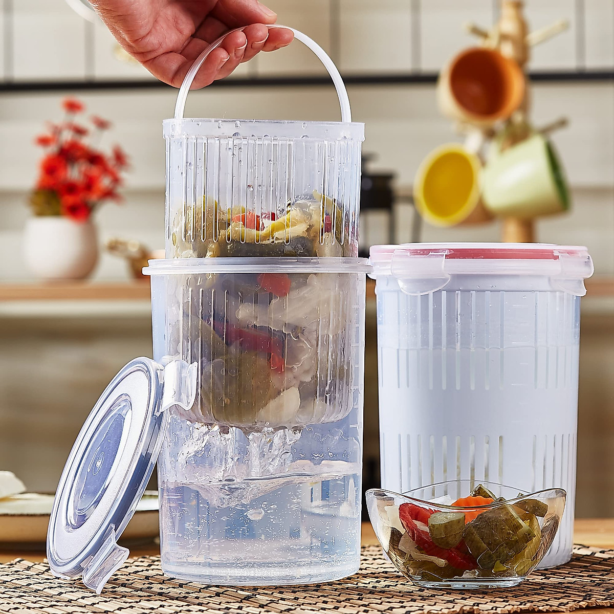 Crystalia Pickle Jar with Strainer Insert, Deli Food Storage Container, Pickle Holder Keeper Lifter, Bucket of Pickles, Barrel of Olive Jalapeno, Large Flip Jar with Leak Proof and Lock It Lid (Gray)