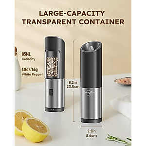 Sangcon Electric Salt and Pepper Grinder Mill Set, Safety & Gravity Switch, Battery Powered with LED Light, Adjustable Coarseness, One Hand Automatic Operated Kitchen Gadgets, Stainless Steel, 2 Pack
