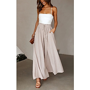 Watashi Women's Wide Leg High Waisted Pants Palazzo Elastic Flowy Loose Culotte Trouser(Apricot-XL)