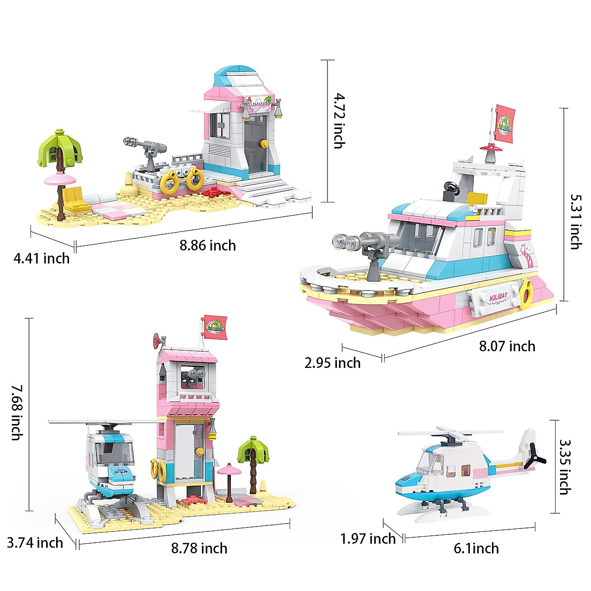 3in1 Girls Boat Cruise Ship Building Sets Friends Beach House Rescue Helicopter Building Kits Summer Holiday Adventures STEM Building Toys Creative Play Set Gift for Kids Aged 6-12, 351 Pieces