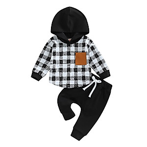 Baby Boy Clothes 3 6 9 12 18 24M 3T Pants Set Hooded Patchwork Hoodie Striped Fall Winter Outfit (Black-Plaid, 6-12 Months)