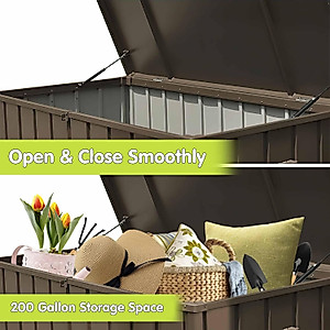 WIIS' IDEA 200 Gallon Storage Deck Box, Outdoor Waterproof Storage Deck Box w/Lockable Lids, Mobility Rollers, Large Storage Container for Patio Furniture for Garden Tools and Pool Supplies,Brown