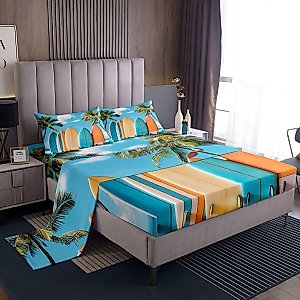 Erosebridal Ocean Beach Bed Sheets for Boys Girls,Hawaiian Tropical Palm Trees Sheet Set Full,Marine Theme Nautical Sea Surfing Fitted Sheet,Summer Vacation Surfboard Sheets Boho Hippie Style Decor