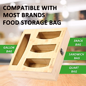 POBIDOBY Storage Bag Organizer Ziplock Bag Storage Baggie Organizer Dispenser for Kitchen Drawer with 4pcs Hooks, Bamboo Organizer Compatible with Gallon, Quart, Sandwich & Snack Variety Size Bags