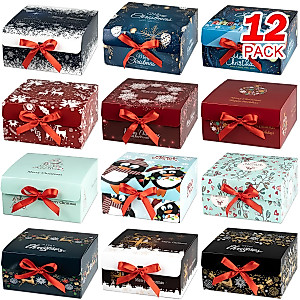 ARTLYMERS Christmas Gift Boxes with Lids, 12 Pack Gift Boxes and Red Ribbon Christmas Themed Pattern Small Gift Boxes for Christmas Presents Gifts Easy Assemble