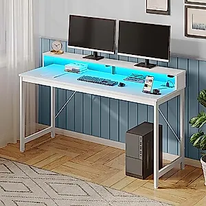 Rolanstar Computer Desk 59 inch with LED Lights & Power Outlets, Home Office Desk with Monitor Shelf, Gaming Desk, Writing Desk, Study Desk for Student & Kids, White