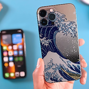 HK Studio Great Wave Skin Decal (Not Case) for iPhone 14 Pro Max - No Bubble, Slim, Waterproof - Protecting & Personalizing iPhone's Back, Camera, Frame Blue