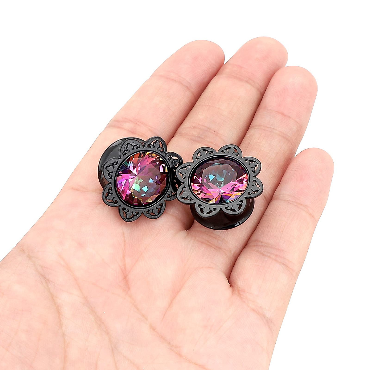 Qmcandy 2pcs 0g-1" Stainless Steel Lotus Edge Crystal Ear Gauges Piercing 0g