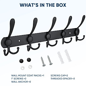 TICONN Wall Mounted Coat Rack, Five Heavy Duty Tri Hooks All Metal Construction for Jacket Coat Hat in Mudroom Entryway (Matte Black, 1-Pack)