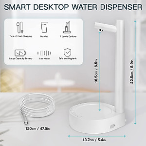 Water Dispenser for 5 Gallon Bottle Intelligent Desktop Water Dispenser Countertop for Universal Bottles with Drying Mat Electric Water Pump Smart Table Water Dispenser for Bedside, Office(White)