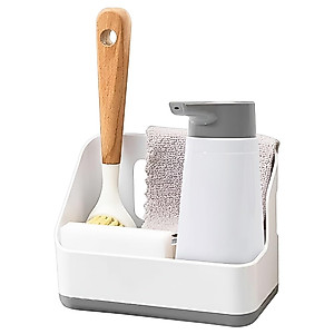 Kitchen Sink Caddy Dish Brush Sponge Holder with Divider and Removable Drain Pan for Brushes Dishcloth Scrubber Accessories, Dishes Caddies Organizer Storage with Drainer Drip Tray for Countertop