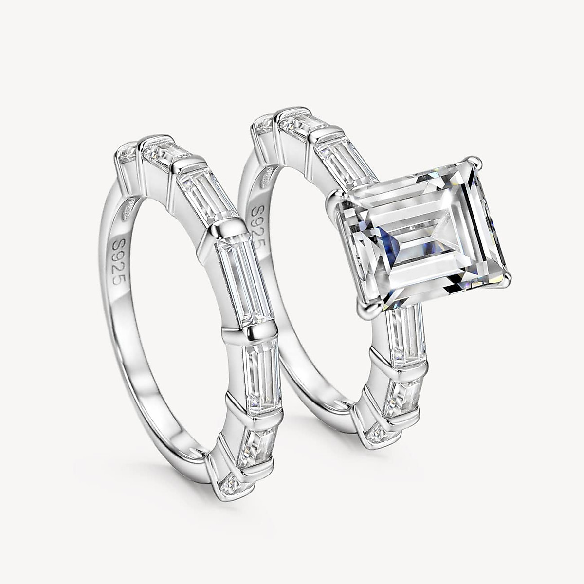 Michooyel S925 4ct Emerald Cut 2 in1 Engagement Wedding Ring Sets Baguette Wedding Ring Band Cubic Zirconia Sterling Silver Promise Ring For Women Women Ladies