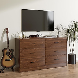 Bigbiglife 6 Drawer Wood Dresser, Wide Chest of Drawers, Bedroom Furniture, Clothes Storage and Organizer, 15.8" D x 47.2" W x 27.7" H, Walnut Brown