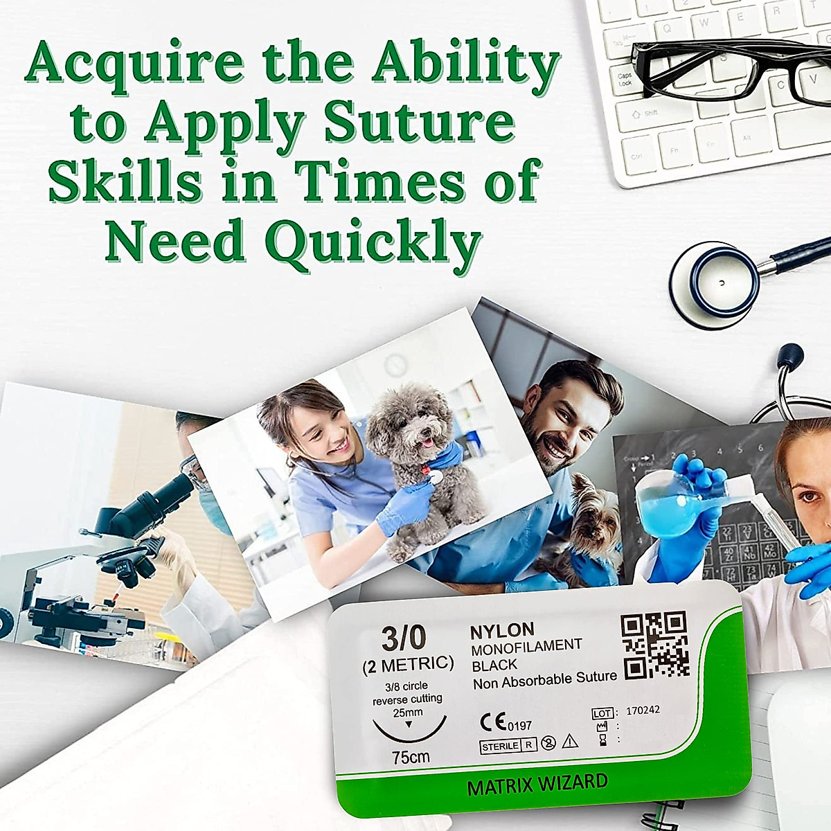 3-0 Sterile Sutures Thread with Needle (Black Monofilament) - Medical and Nursing Student's Surgical Practice Suture Kit, Training with Stitching Pad, First Aid Field Emergency Demo, Vet Use