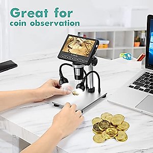 Elikliv EDM4S Coin Microscope for Error Coins, 4.3'' 1000X LCD Digital Microscope with Screen 720P USB Microscope Camera, 10 LED Fill Lights, Metal Stand, PC View, Compatible with Windows/Os