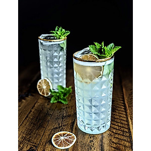 Amehla Co. Gold Rimmed Highball Collins Cocktail Glass Set | Drinking Glasses for Cocktails, Water, Juice, & Iced Tea or Coffee