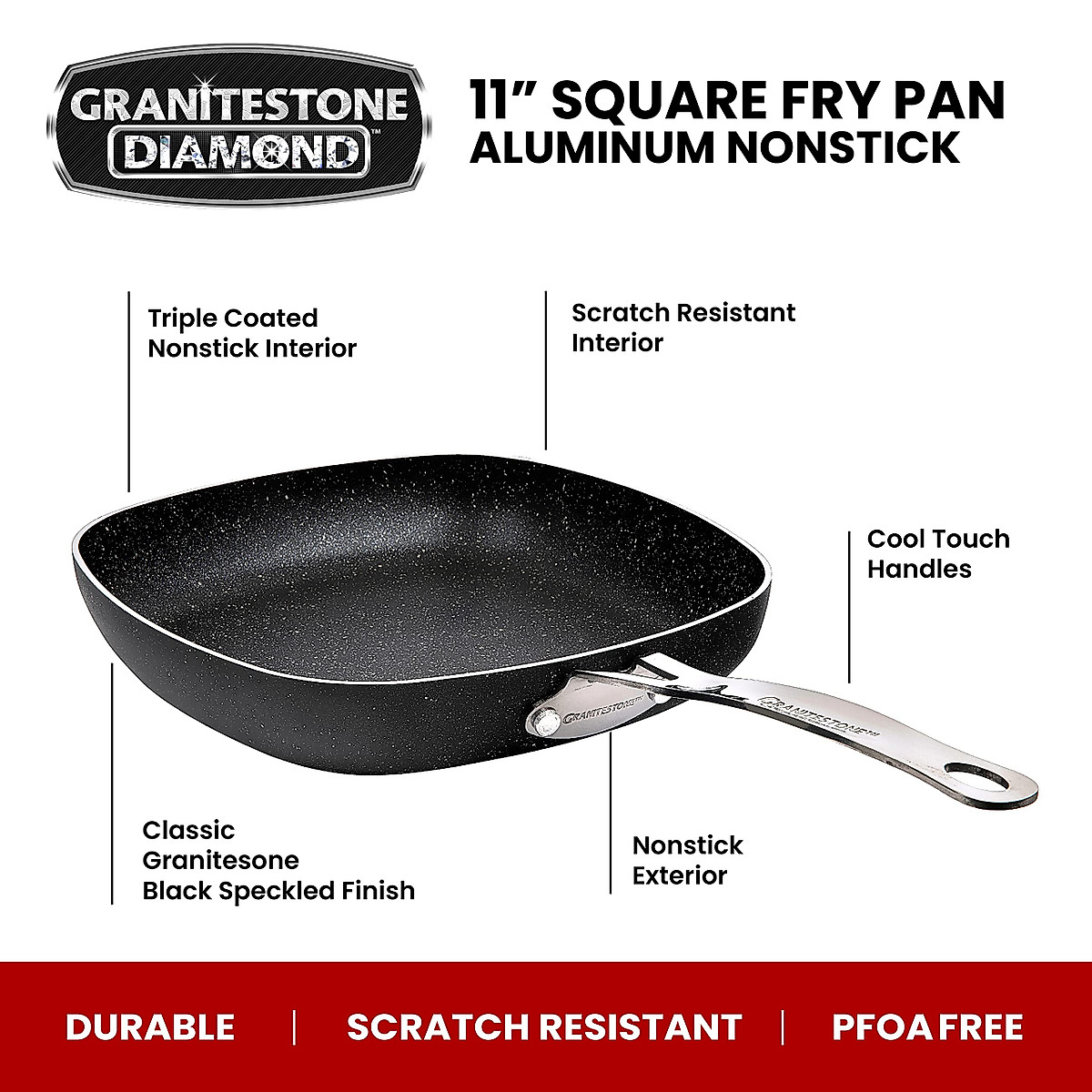 Granitestone 11" Shallow Square Frying Pan Nonstick Skillet, Scratchproof Diamond Infused Coating, No-warp Mineral-enforced Cookware Dishwasher Oven Safe PFOA-Free Kitchenware - As Seen On TV