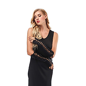 JISEN Womens Full Length Fingerless Lace Up Arm Warmer Satin Gloves Black