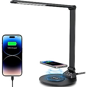 EppieBasic Led Desk Lamp with 10W Fast Wireless Charger,Table Lamp with Type C Charging Port,Eye-Caring Office Lamp-5 Brightness Levels-5 Color Modes for Home Office Dorm Study Reading