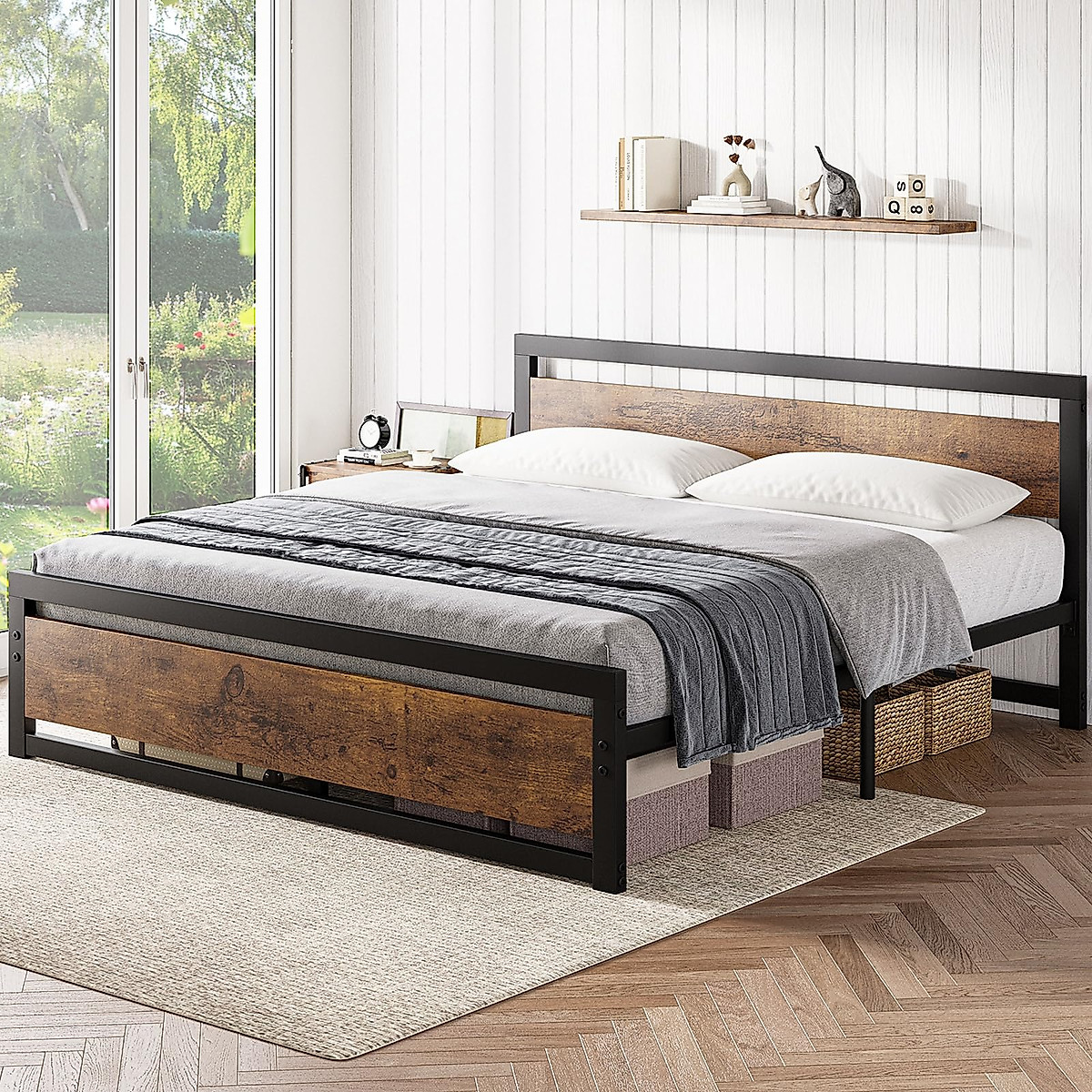 GarveeHome King Size Bed Frame, Industrial King Bed Platform with Headboard No Box Spring Needed, 14 Inch Easy Assemble King Mattress Bedframe, Retro Brown