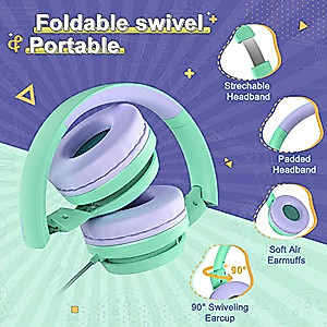 LORELEI E7 Kids Headphones with Microphone,On-Ear Wired Headset for Children/Boys/Girls,85/94dB Safe Volume,Foldable&Rotatable3.5mm Audio Jack Tangle-Free for School/iPad/Laptop/Travel (Green&Purple)