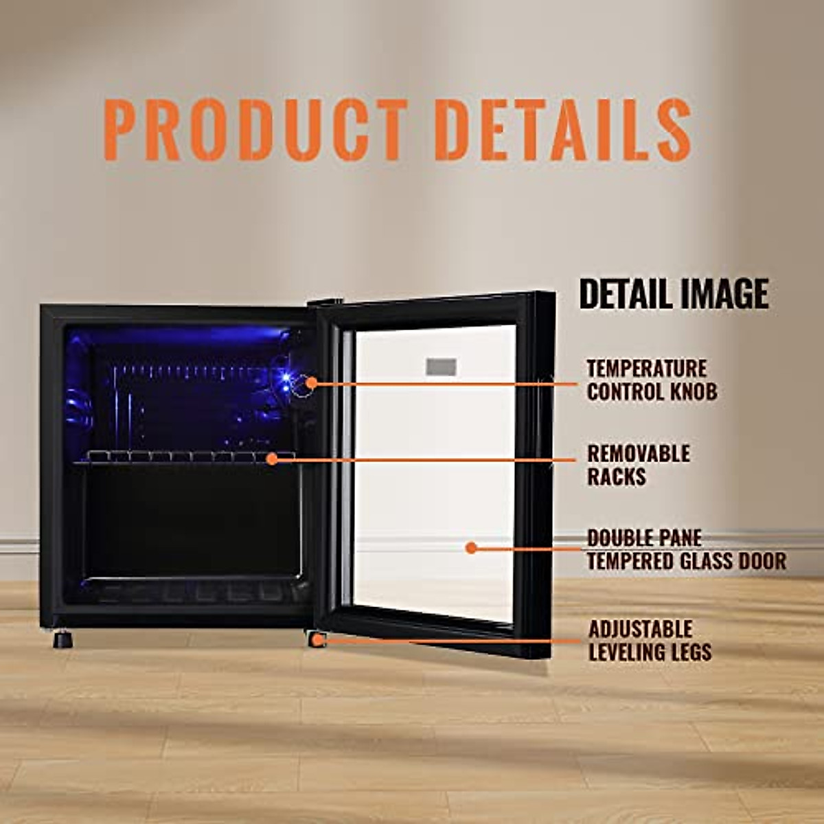 WANAI Beverage Refrigerator Cooler 60 Cans Mini Fridge Glass Door Mini Can Fridge 1.7 cu.ft Organizer for Beer Soda Wine Small Refrigerator with Blue LED for Home/Bar/Office/Dorm