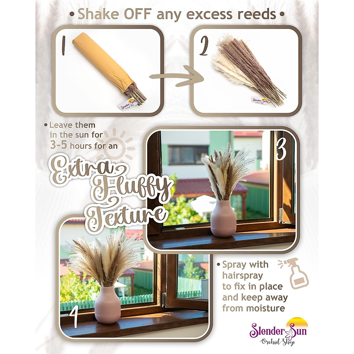 Spear SLENDERSUN Orchid Bouquet Dried Pampas Grass – Pack of 60 Pcs Tall Stems (17,7”) Soft & Fluffy Floral Bouquets Minimalist, Rustic, Luxury Home Garden Décor, White, Brown, Reed