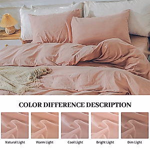 NEXHOME PRO Duvet Cover Set Queen Size Linen Feel Textured Organic Natural 100% Washed Cotton Duvet Cover 3 Pieces Bedding Set with Zipper Closure, Breathable, Soft, Pink (No Comforter)