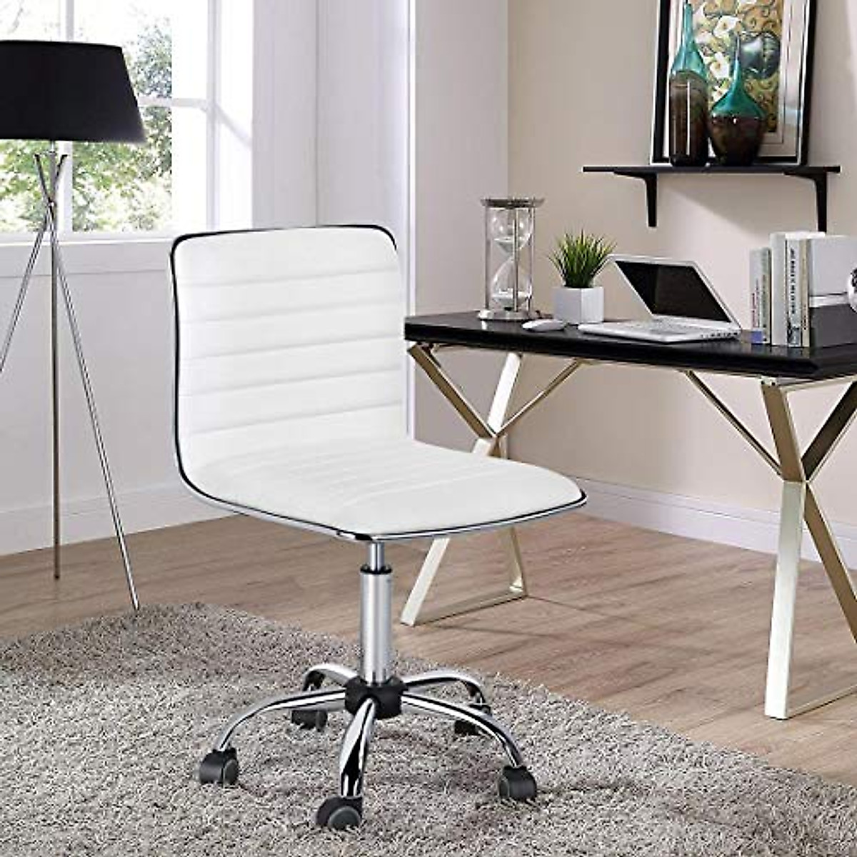 Yaheetech Adjustable Task Chair PU Leather Low Back Ribbed Armless Swivel White Desk Chair Office Chair Wheels
