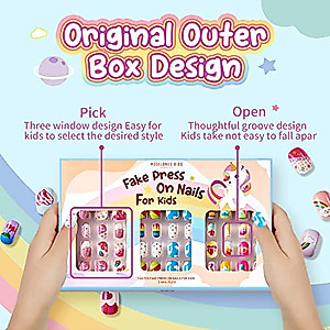 Modelones 144Pcs 6 Pack Press on Nails for Kids Children Acrylic Fake Nails Pre-glue Full Cover Glitter Gradient Color Rainbow Candy Short False Nail Art Kits Sets Gifts for Kids Girls