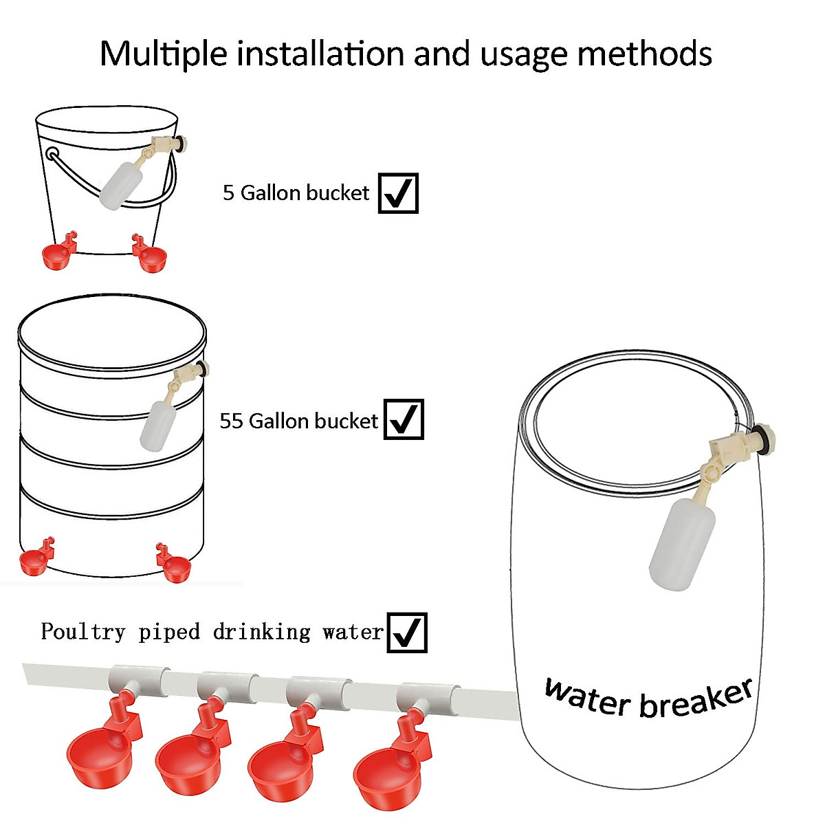 Complete Set Pipeline Automatic Chicken Nipple Waterer Cups and 1/2" PVC Tee Fittings Pipe Feeder Poultry Waterer Chicken Waterer Chicken Water Cup Chicken Waters Chicken Watering System