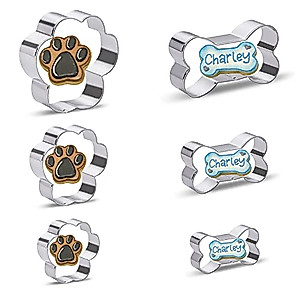Dog Cookie Cutters Shapes for Treats - 6 Piece Dog Bone and Paw Print Shaped Cookie Cutter Set Biscuit Molds for Kids Small Dogs Homemade Treats Baking - Stainless Steel