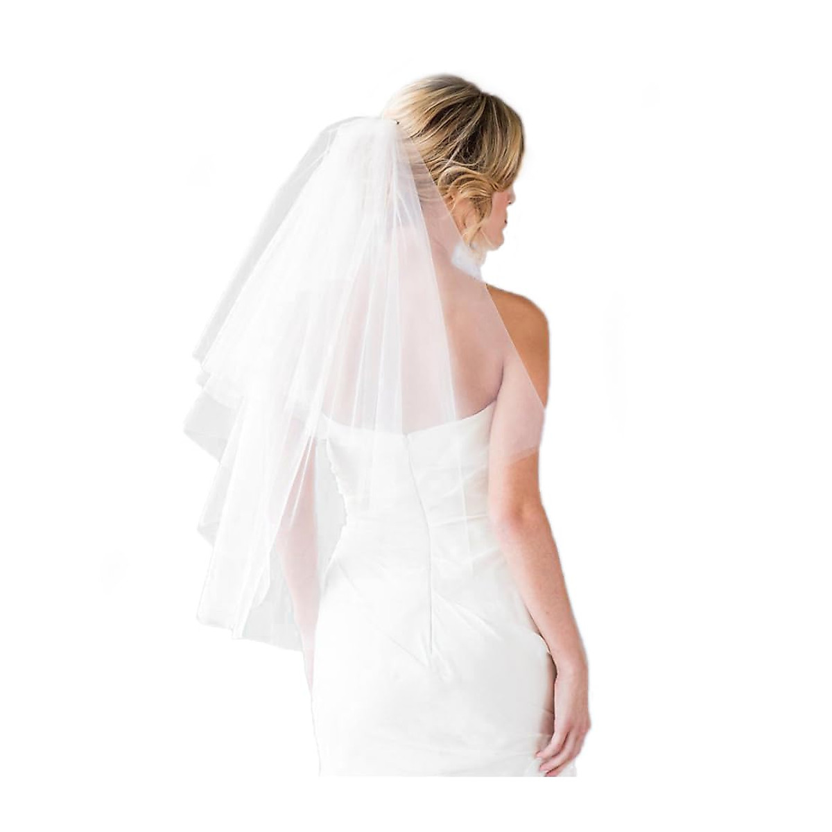 Fangsen Wedding Bridal Veil with Comb 2 Tier Tulle Short Wedding Veil Fingertip Length （ 2T Fingertip Light Ivory）
