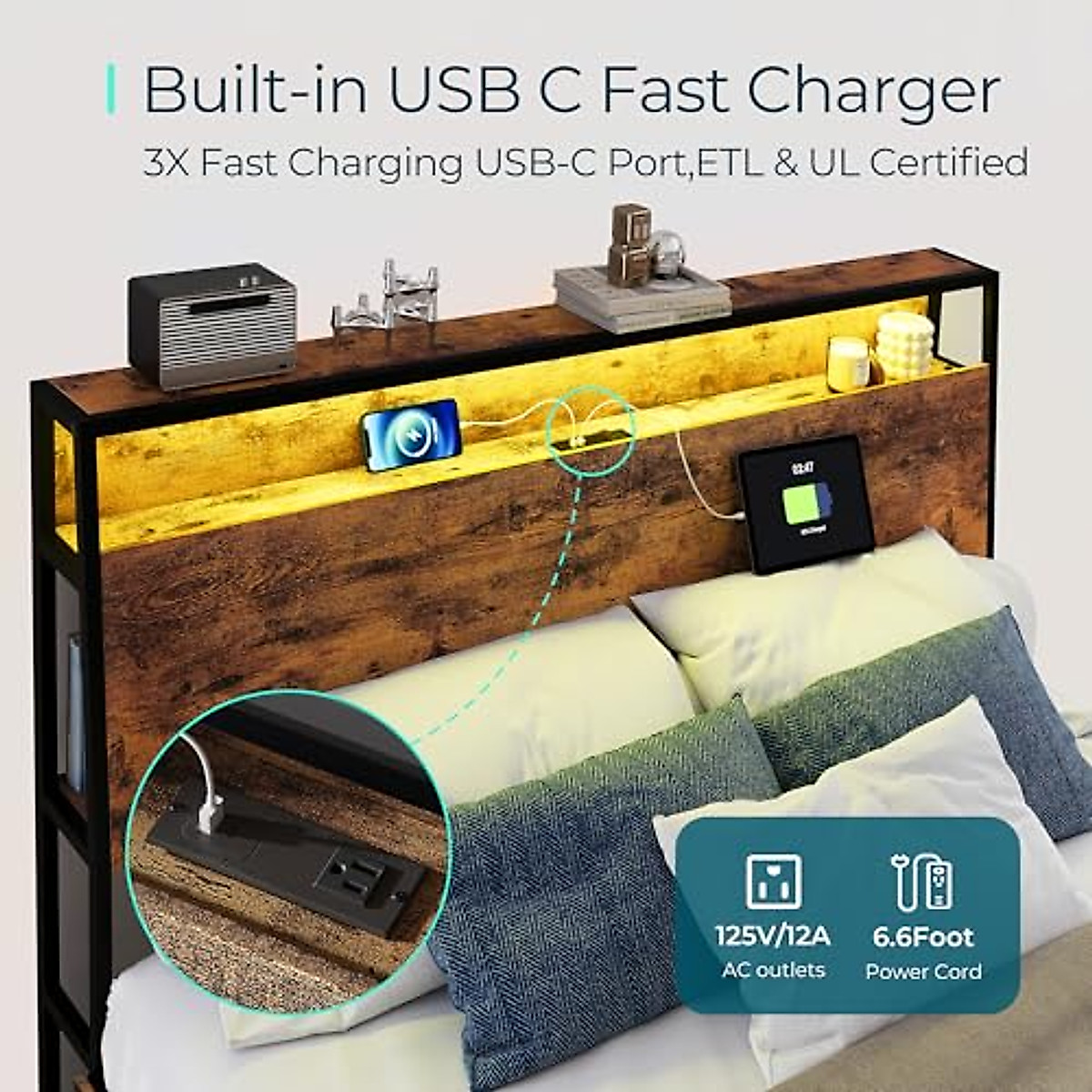 LINSY Twin Bed Frames with Ergonomic Headboard & Lights, Twin Size Bed Frame with 2 Drawers & Charger, Kids Bed Frame with Storage, Rustic Brown