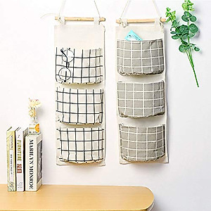3Pcs Wall Closet Hanging Storage Bag, AUHOKY Premium Linen Fabric Over The Door Organizer, Hanging Storage Pouches with 3 Pockets for Bedroom Bathroom - Waterproof & Stylish (Black/Gray/White)