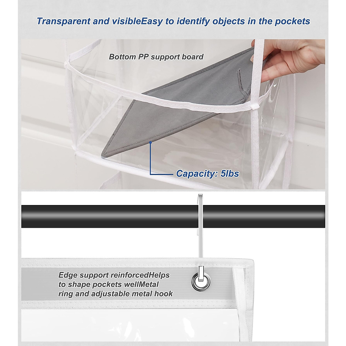 Fixwal 6-Shelf Over The Door Hanging Pantry Organizer Hanging Storage with Clear Plastic Pockets Slim Door Shelf Behind The Door Storage with 3 Small PVC Pockets for Closet Bedroom Bathroom (White)