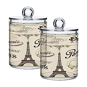 DOMIKING Paris Calligraphy 2 Pack Cotton Swab Holder Dispenser Plastic Jar Bathroom Storage Canister Acrylic Containers for Cotton Ball Cotton Swab Cotton Round Pads
