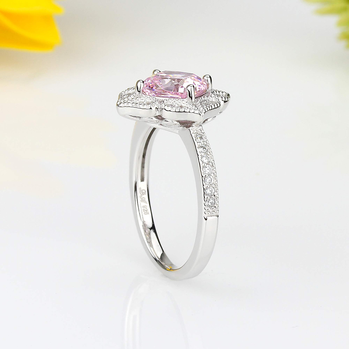 DoubleAccent Platinum Plated Sterling Silver Ring 2 CT Cushion Pink CZ Stone Milgrain Heart Flower Design Vintage Ring (Size 5 to 9), 5