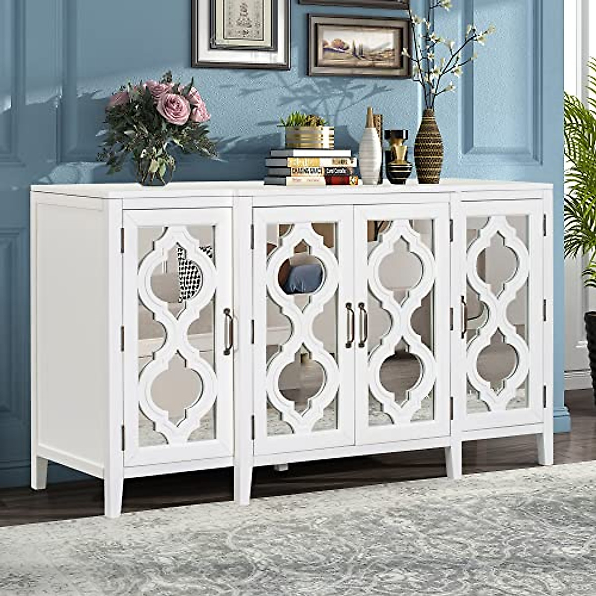 60'' Retro Mirrored Console Table Sideboard with 4 Cabinets and 3 Adjustable Shelves, Large Storage Cabinet Free Stand Kitchen Buffet Server Cabinet for Entryway/Living Room/Dining Room (White-59.8'')