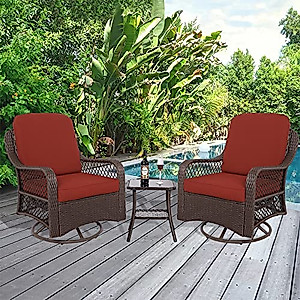LEISU 3-Pieces Patio Swivel Wicker Bistro Furniture Set with Cushioned Patio Swivel Rocker Swivel Rocking Chairs Set Side Table Outdoor Rattan Conversation Sets (Rust)