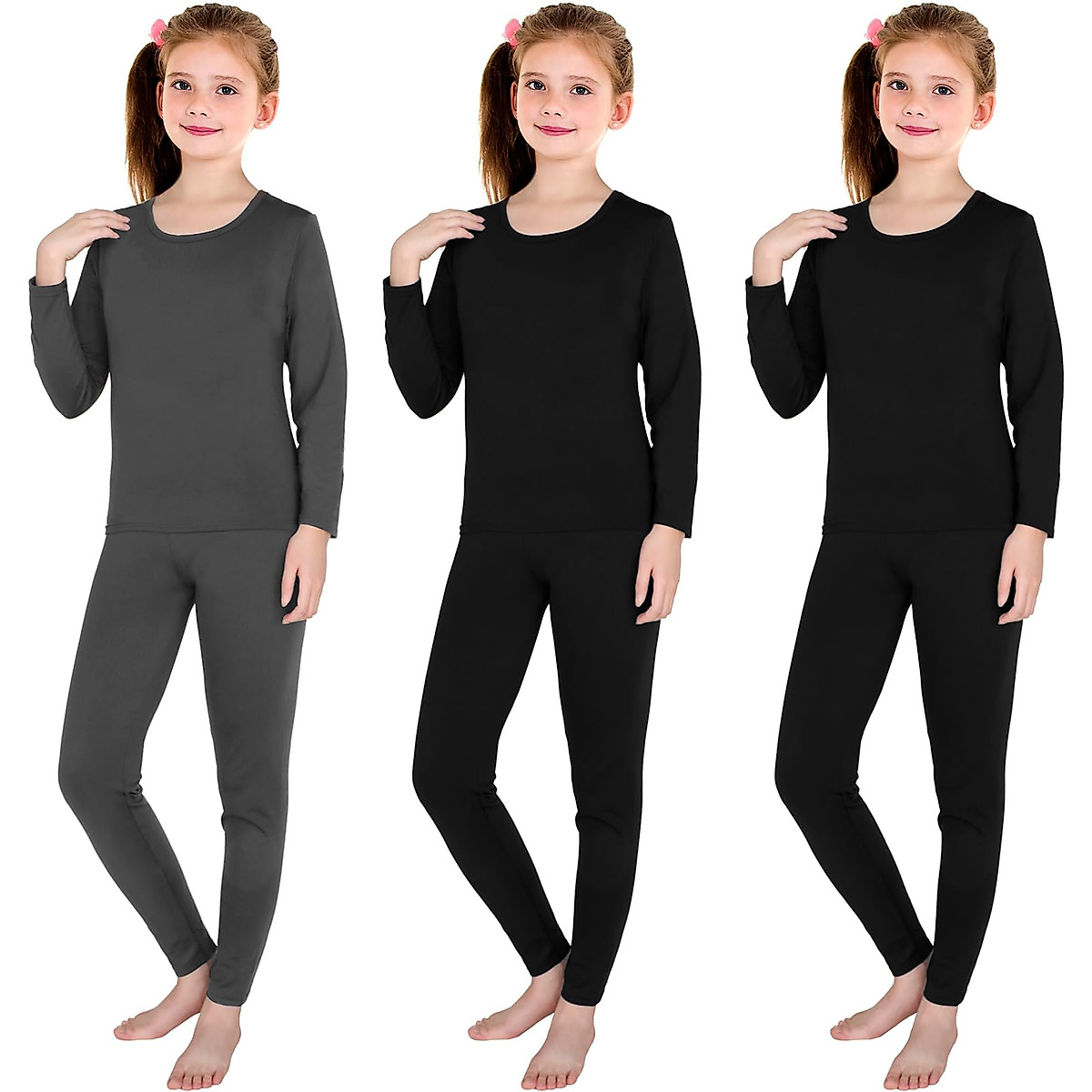 3 Set Girls Thermal Underwear Soft Long Underwear Winter Thermal Top and Bottom with Fleece Lined Base Layer for Girls (2 in Black, 1 in Grey, Medium)