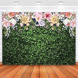 Avezano 7x5ft Flower Grass Photography Backdrop Green Spring Grass Lawn Party Background Vinyl Floral Grass Birthday Baby Shower Miss to Mrs Wedding Bridal Shower Backdrops Cake Table Decorations