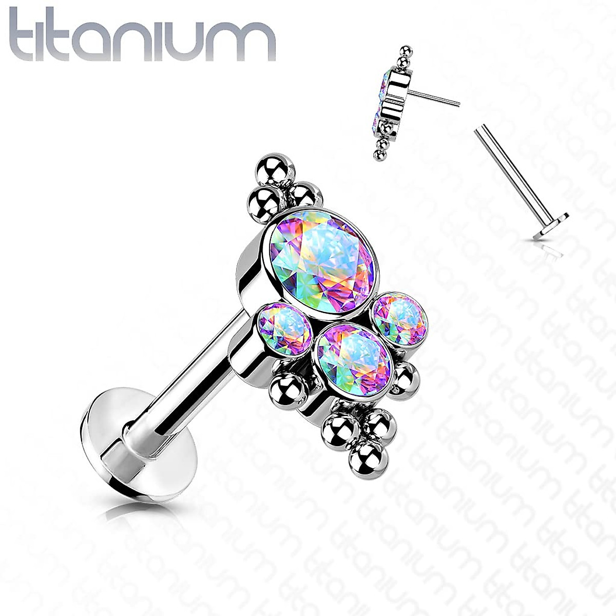 Dynamique Implant Grade Titanium Threadless Push In Labret With Bezel Set CZ Cluster Center and Beaded Ball Edge Top (Sold Per Piece)