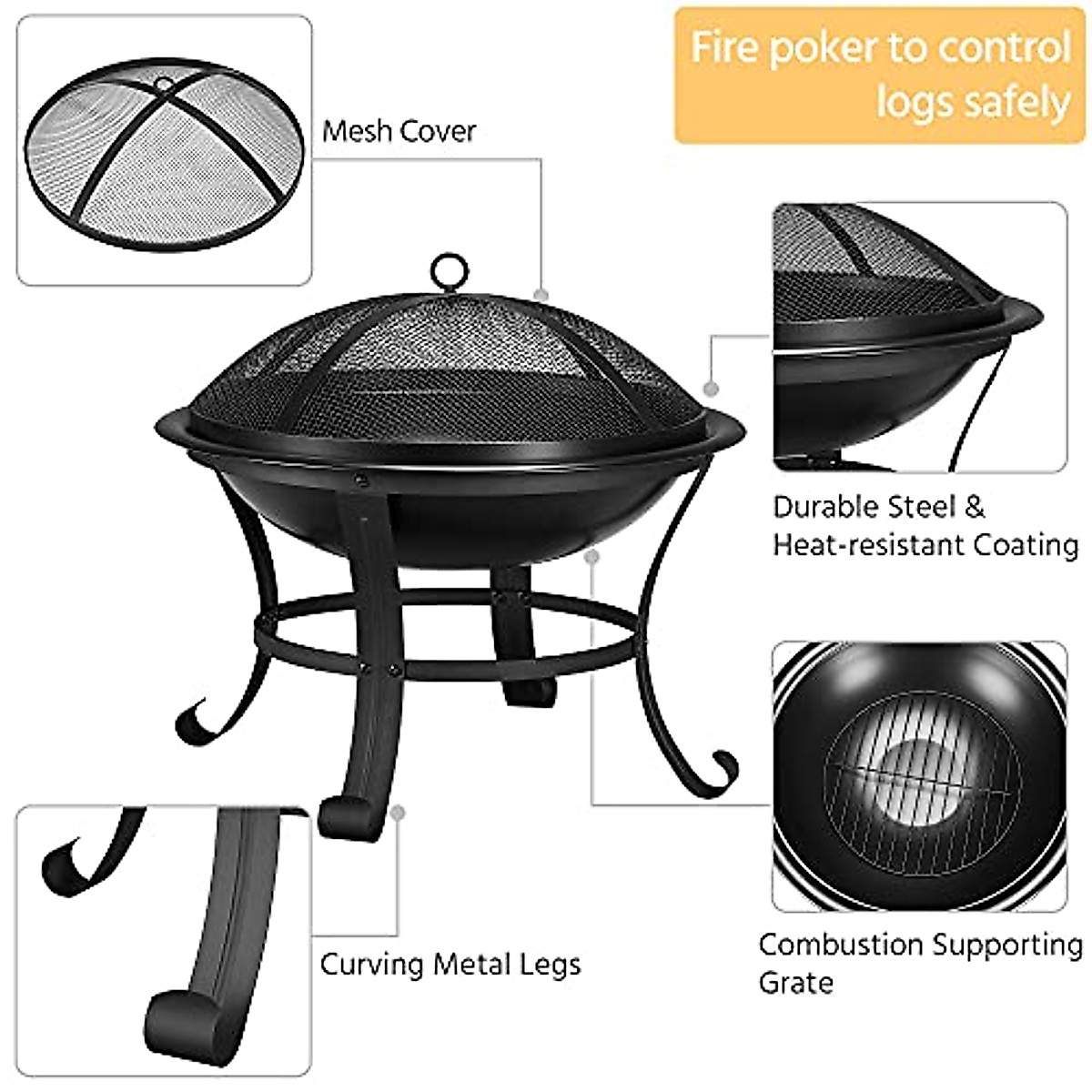 Yaheetech 22in Outdoor Metal Fire Pit with Poker and Spark Screen Cover, Multifunctional Portable Firepit Fireplace Stove Wood Burning for Camping Picnic Bonfire Patio Backyard Garden Beaches Park