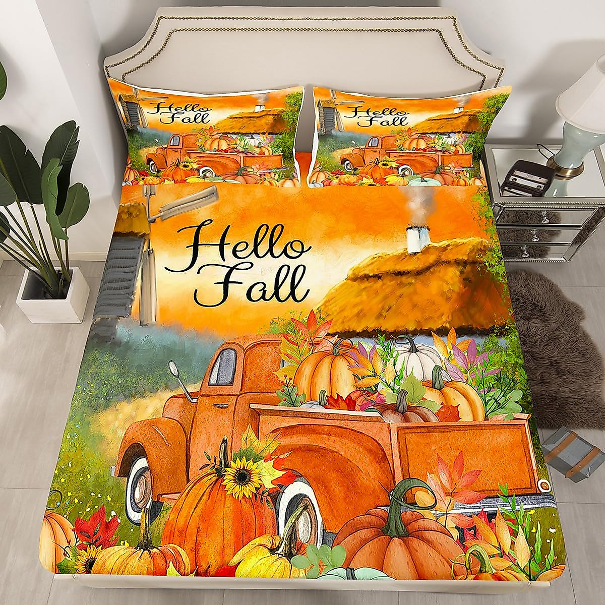 Erosebridal Hello Fall Comforter Set Rustic Farm Maple Leaf Pumpkin Sunflower Sheet Set Full Size Autumn Harvest Fitted Sheet Fall Season Flat Sheet Happy Fall Y'all Sheets Thanksgiving Day Gifts