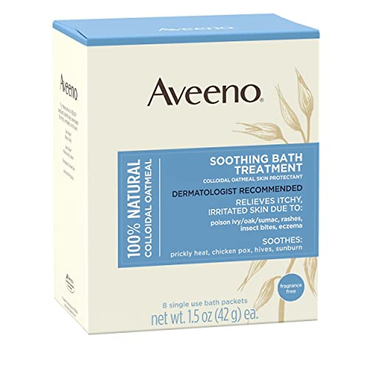 Aveeno Soothing Bath Treatment with 100% Natural Colloidal Oatmeal for Treatment & Relief of Dry, Itchy, Irritated Skin Due to Poison Ivy, Eczema, Sunburn, Rash, Insect Bites & Hives, 8 ct.