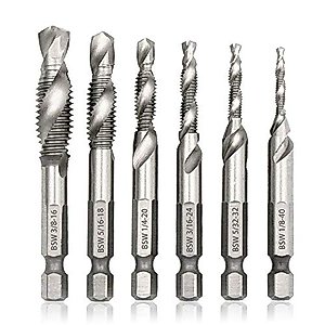 Mesee 6 Pieces Drill Tap Combination Bit Set, 1/4'' Hex Shank HSS Deburr Countersink Bits Spiral Screw Tap Tool Kit - Imperial 1/8 5/32 3/16 1/4 5/16 3/8